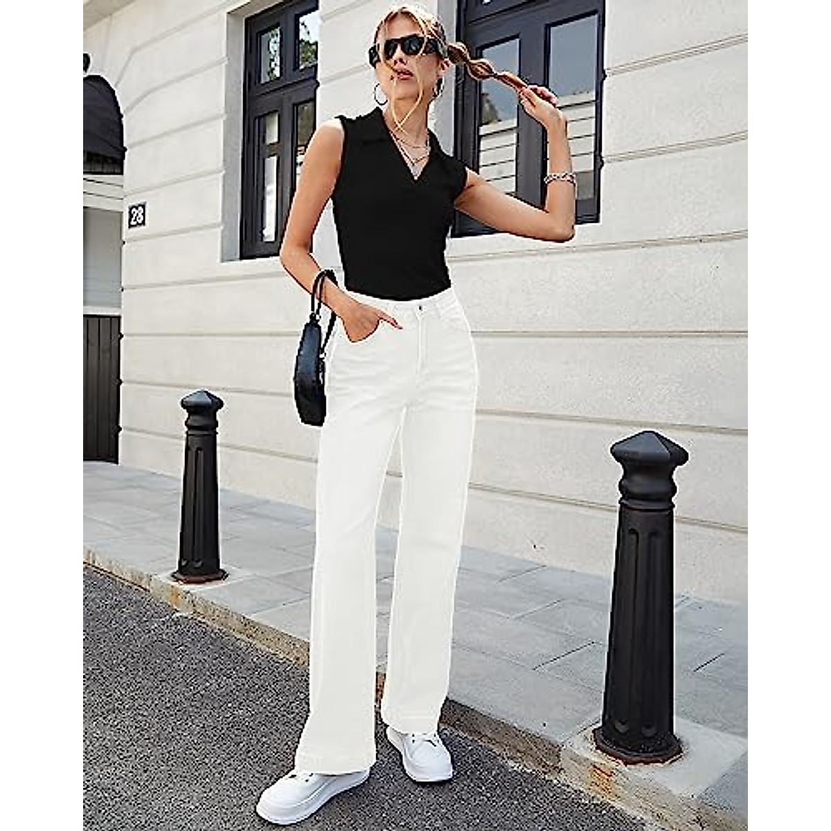 LookbookStore Wide Leg Pants High Waisted Pants for Women Mom Jeans High Waisted Womens White Jeans Womens Flare Jeans Womens Baggy Jeans Brilliant White Size Large Fits Size 12 14