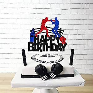 Boxing Cake Topper Bout Pugilist Infighter Beat Boxing Platform Punching Bag Glove Themed Men Kids Boy Girl Birthday Party Cake Decor Happy Bday Event Supplies Double Sided