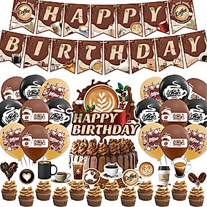 Coffee Birthday Decorations Coffee Party Supplies Includes Coffee Happy Birthday Banner Cake Topper Cupcake Toppers Balloons for Coffee Themed Party Decorations
