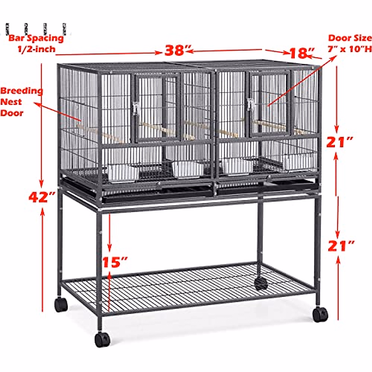 42" Stackable Center Divided Breeder Breeding Bird Flight Double Rolling Cage for Aviaries Canaries Cockatiels Lovebirds Finches Budgies Small Parrots (Black Vein, Single Story)