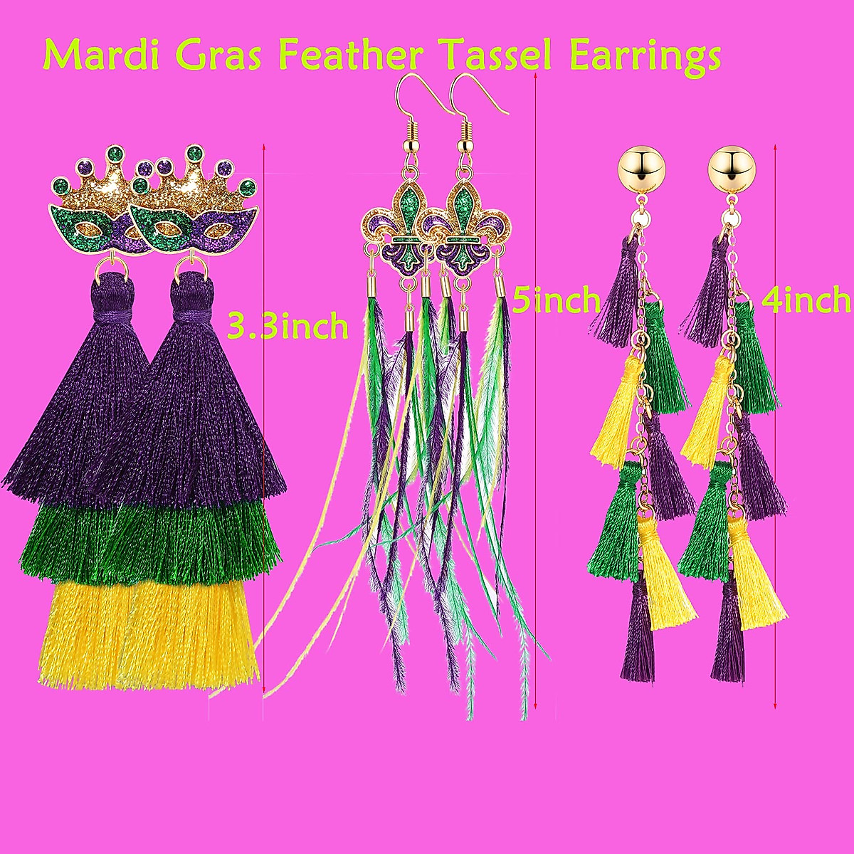 Mardi Gras Earrings Set Long Purple Green Gold Tassel Feather Mask Fleur De Lis Dangle Earrings for Women (3 pairs Mardi gras earrings set)