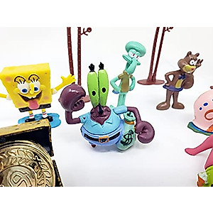 Birthday Celebrations Spongebob Squarepants 2" Figure Play Set of 14 Featuring Squidward, Sandy Cheeks, Patrick Star, Mr. Krabs, Plankten with Palm Trees, Treasure Chest and More (Unique Design)