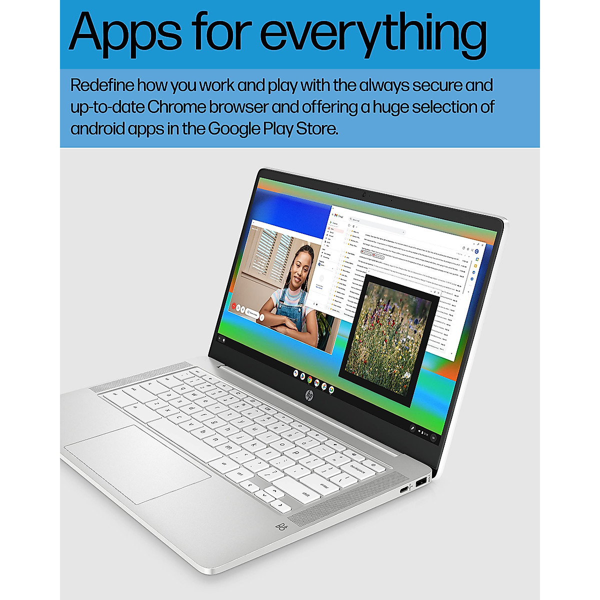 HP Chromebook 14 Laptop, Intel Celeron N4120, 4 GB RAM, 64 GB eMMC, 14" HD Display, Chrome OS, Thin & Portable, 4K Graphics, Long Battery Life, Snow White Keyboard (14a-na0210nr, 2022, Ceramic White)