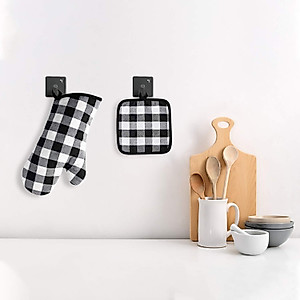 GROBRO7 6Pcs Buffalo Check Plaid Oven Mitts and Pot Holders Set Pure Cotton Heat Resistant Potholders Washable Durable BBQ Gloves with Hanging Loop for Safe Kitchen Baking Cooking Grilling White&Black
