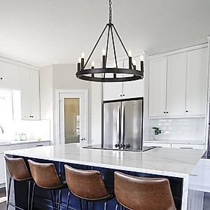 8-Light Farmhouse Wagon Wheel Chandelier, D24" Black Round Chandeliers for Dining Room, Modern Industrial Kitchen Island Pendant Light Fixtures for Foyer Living Room Entryway Bedroom, E12 Socket