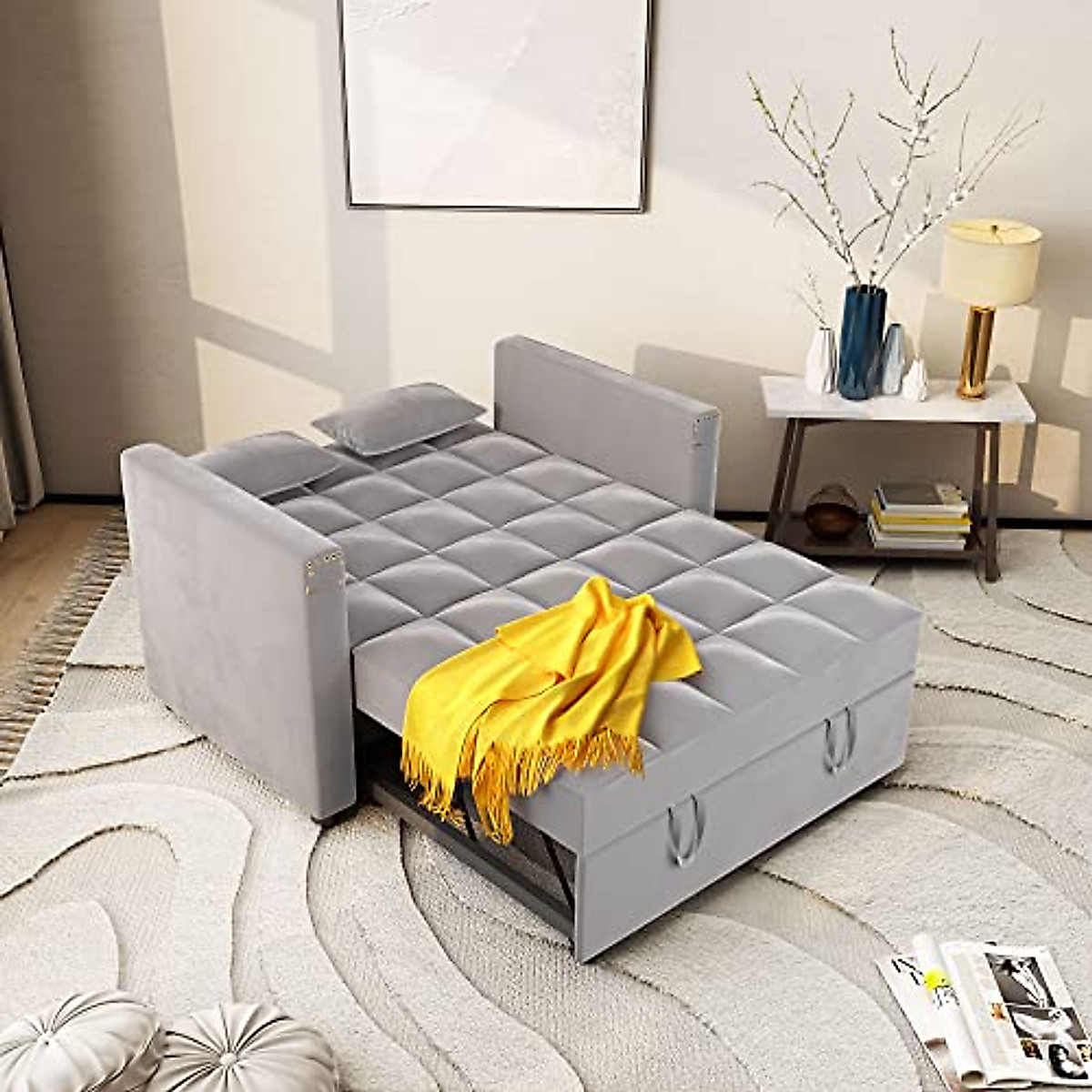 Convertible Sofa Bed, 3-in-1 Multi-Functional Velvet Sleeper Couch Pull-Out Bed, 48'' Loveseat Bed Chaise Lounge with Adjustable Backrest and Pillows, Hidden Side Table for Living Room, Small Space