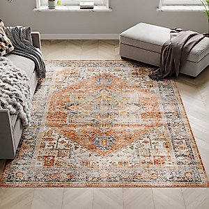 Dripex 5x7 Area Rugs, Machine Washable Non Slip Distressed Boho Rugs, No Pile Lightweight Vintage Rug, Floor Carpet for Living Room,Dining Room,Bedroom and Office,Orange
