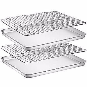 Baking Sheet with Rack Set [2 Pans + 2 Racks], Wildone Stainless Steel Cookie Sheet Baking Pan Tray with Cooling Rack, Size 16 x 12 x 1 Inch, Non Toxic & Heavy Duty & Easy Clean