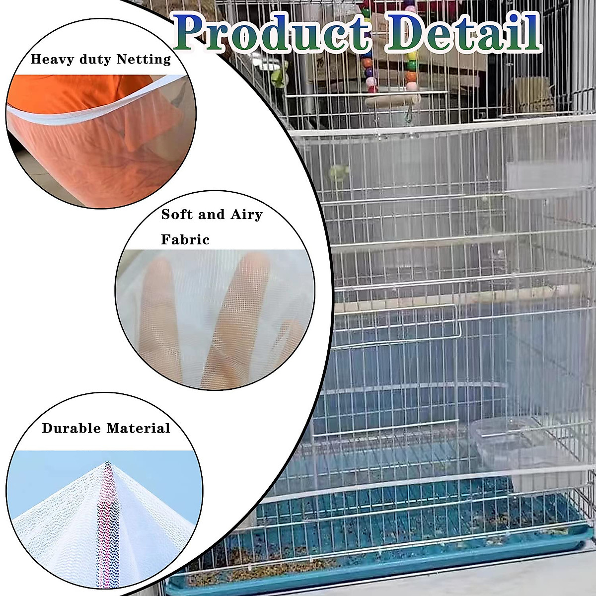 LWFCOEE Bird Cage Seed Catcher, BirdCage Skirt Guard, Adjustable Soft Nylon Mesh Bird Cage Netting Cover for Round Square Medium Bird Cages Circumference 40-60 Inch, White