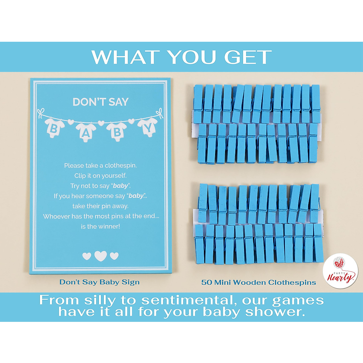 Party Hearty Baby Shower Games for Boy, Don't Say Baby Game,1 Sign and 50 Mini Blue Clothespins, Don't Say Baby Baby Shower Game, Baby Shower Ideas
