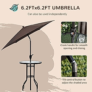 Outsunny 4 Piece Outdoor Patio Dining Furniture Set, 2 Folding Chairs, Adjustable Angle Umbrella, Wave Textured Tempered Glass Dinner Table, Brown