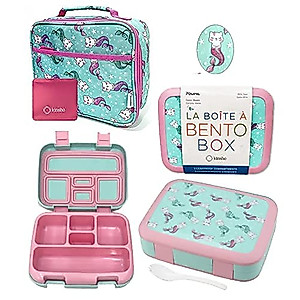 kinsho Bento Lunch Box and Matching Lunch Bag with Ice Pack Set for Girls, Toddlers (Pink Aqua Mermaid Cats)