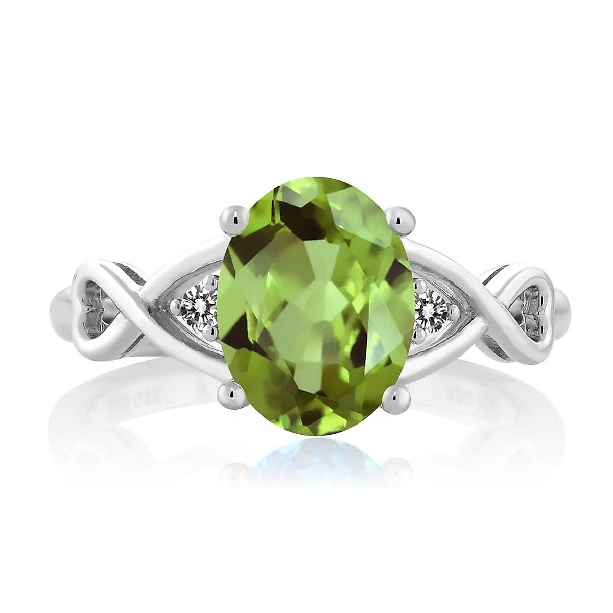 Gem Stone King 925 Sterling Silver Green Peridot and White Diamond 3 Stone Ring For Women (1.86 Cttw, Gemstone Birthstone, Available In Size 5, 6, 7, 8, 9)
