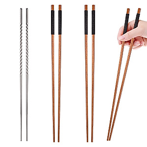 3 Pairs Long Cooking Chopsticks 15.3 Inch Extra Long Stainless Steel Chopsticks and 16.5 Inch Extra Long Wooden Kitchen Frying Chopsticks for Hot Pot, Frying, Noodle, Cooking Favor
