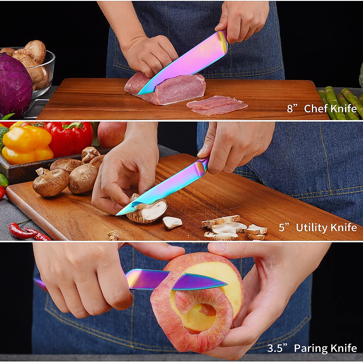 Hollory Rainbow Kitchen Knife Set 3 Piece, Razor Sharp German Stainless Steel Blade with 8 in Chef, 5 in Utility, 3.5 in Paring – Starter Set with Gift Box