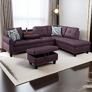 GlasFlength L Shaped Sectional Couch with Storage Ottoman, Modern Nailhead Comfy Lounge Sofa with Reversible Cup Holder & Chaise, 97" 4 Seat Modular Sofá for Living Room Apartment, Ginger