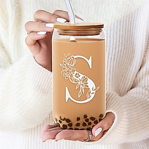 Glass Cup Birthday gifts for Women Personalized Monogram Gift for Women - 16 oz Clear Bamboo Glass Cups with Lid Straws Gifts for Mothers Day for Friends Teacher Nurse Mom Sister Aunt Letter S