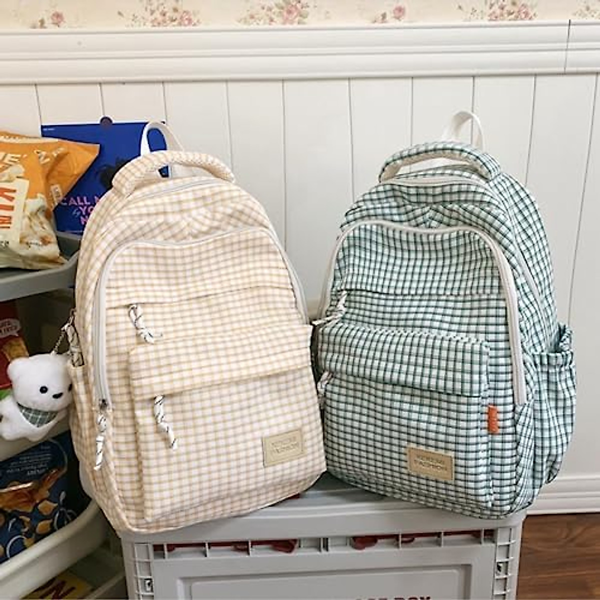 Kawaii Backpack with Cute Accessories Large Capacity Checkered Plaid Rucksack for Women Trendy Aesthetic Casual Daypack (Green)