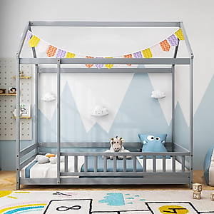Giantex Twin Floor Bed with Fence, Wood Montessori Bed with Safety Guardrails and 80.5" High Roof Design, Without Slats, House Bed Frame, Low Floor Bed Twin for Kids, Girls, Boys (Grey)