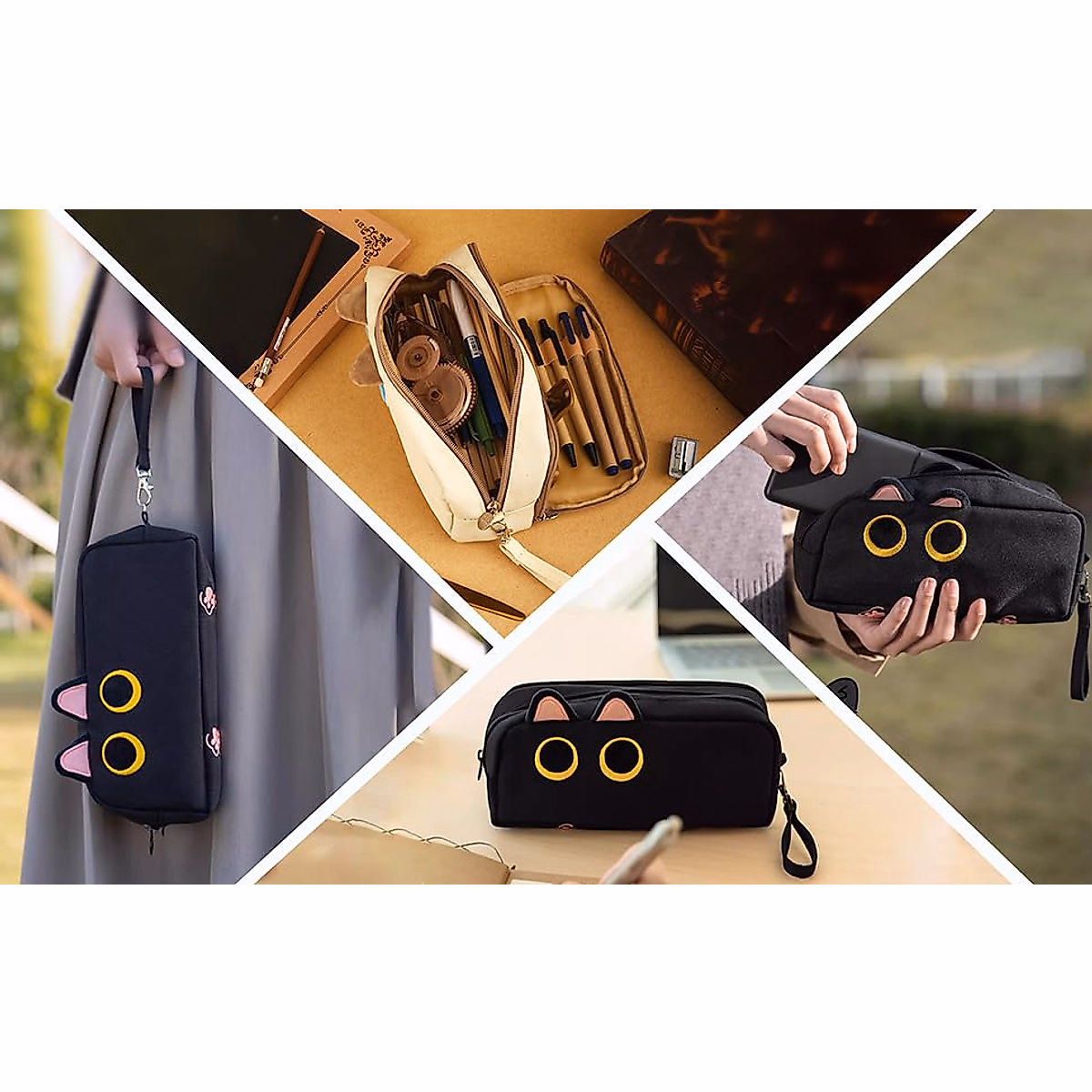Hongdian Large Capacity Pencil Case Black Color, 3D Cat Pen Bags Pencil Pouch Organizer for Office College School