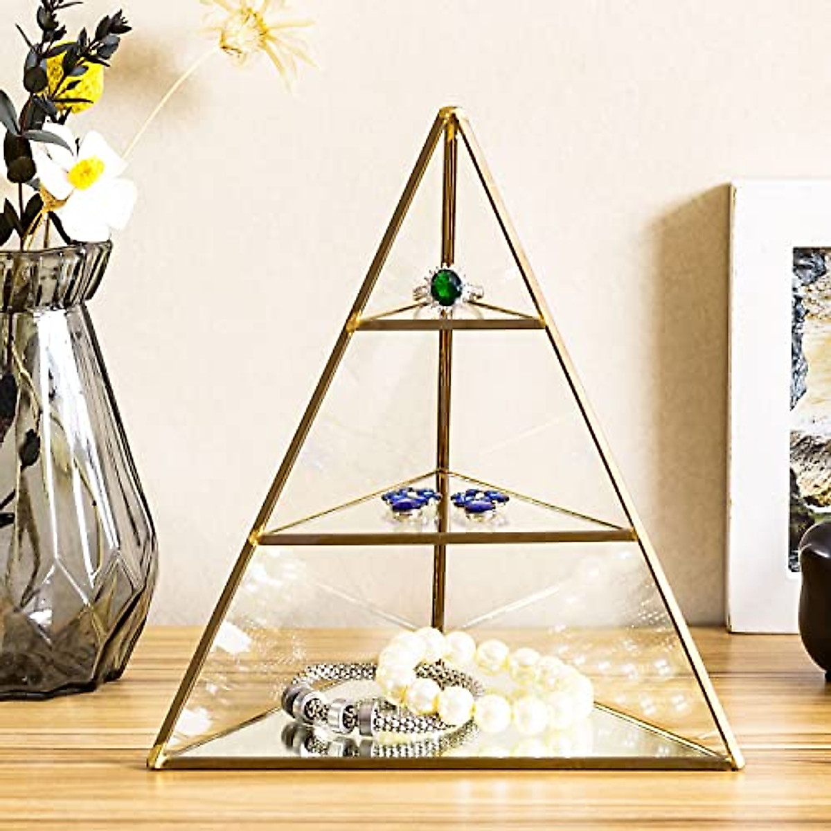 MyGift Glass Pyramid Small Jewelry Organizer Box with Brass Metal Frame, 3 Tier Crystal Display Case