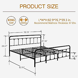 H HESTINYSUSMetal Bed Frame with Vintage Headboard and Footboard, Premium Stable Steel Slat Support Mattress Foundation, No Box Spring Needed and Easy Assembly, Gray Black (King).