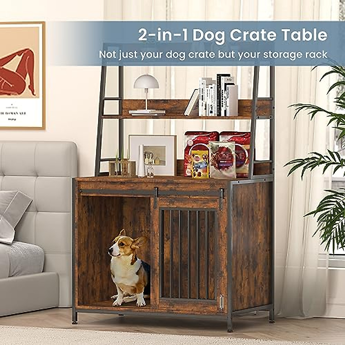 Lyromix 37'' Dog Crate Furniture with Shelves for Small to Medium Pets, Wooden Cage End Table Side Table, Heavy Duty Indoor Puppy Kennel with Sliding Door, Brown