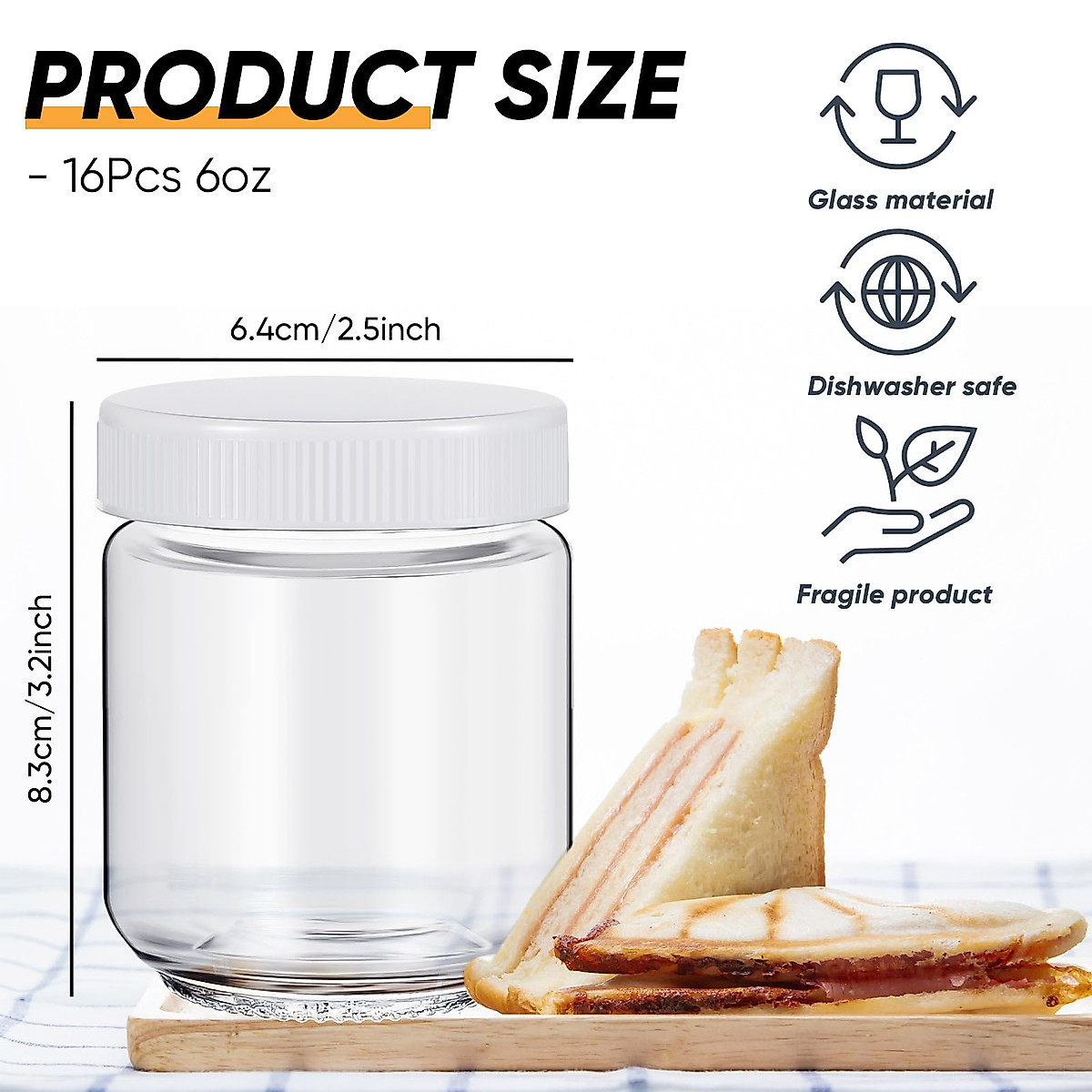 Baderke 16 pcs Clear Glass Jars with Plastic Lids for Yogurt Maker Reusable Glass Mason Jars Glass Canning Yogurt Container Yogurt Jars for Greek Yogurt Machine Jam Spices Herbs Food storage (6 oz)