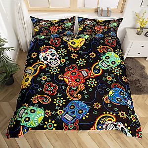 Erosebridal Sugar Skull Bedding Set Queen Size Bohemian Skeleton Duvet Cover Vintage Paisley Comforter Cover Boho Hippie Mandala Bed Sets Trippy Horror Theme Quilt Cover 3pcs Microfiber