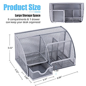 Desk Organizer Office Accessories, Multi-Functional Mesh Desk Organizer with 6 Compartments and 1 Drawer for Home, Office, School, Workshop, kitchen (Silver)