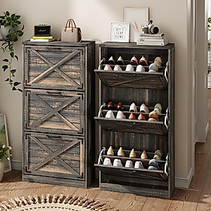 Maupvit 24" W Farmhouse Shoe Cabinet Storage for Entryway, Freestanding Organizer with 3 Flip Drawers, Narrow Shoe Rack Cabinet with Metal Corner Decoration, Dark Rustic Oak