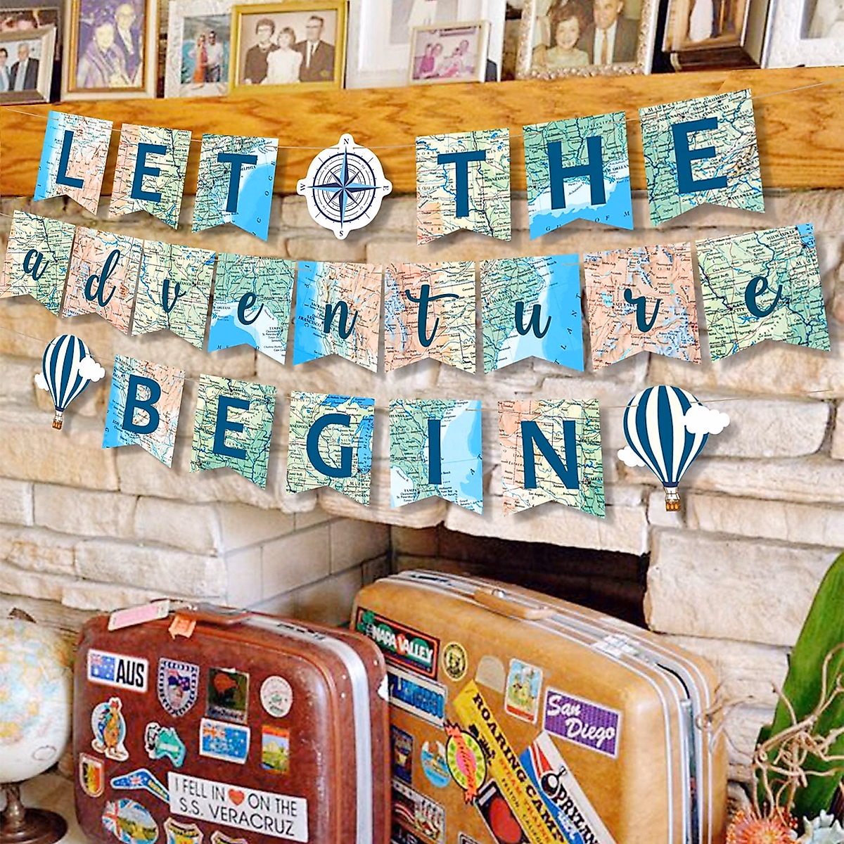 Yaaaaasss! Let the Adventure Begin Banner Adventure Awaits Bon Voyage Map Banner for Travel Themed Birthday Baby Shower Graduation Retirement Job Career Change Farewell Party Decorations Supplies