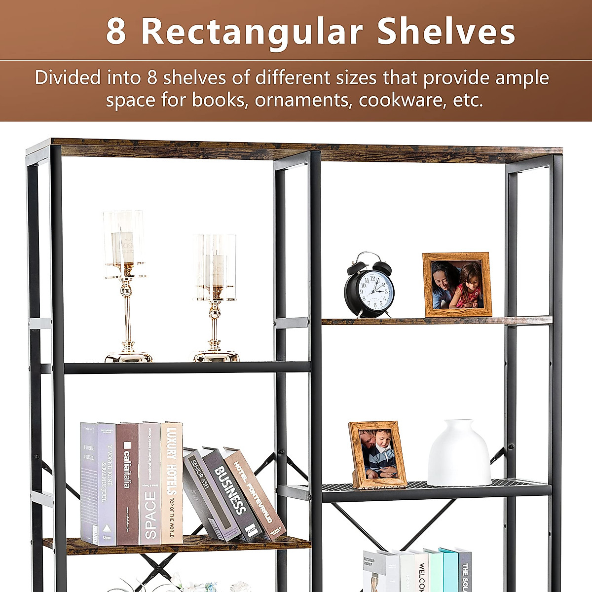 Becko US Bookshelf Bookcase Industrial 8 Tier Book Shelf Vintage Etagere Bookcase with Rustic Finish & Metal Frame & Wire Mesh