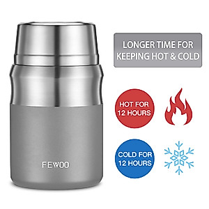 FEWOO Thermos for Hot Food, Vacuum Insulated Soup Containers, 24oz Stainless Steel Lunch Box for Kids Adults, Thermal Food Jar for School Office Travel (Silver)