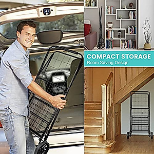 Folding Shopping Cart for Groceries,340 lbs Capacity Grocery Cart with Waterproof Liner and 360° Swiveling Wheels Collapsible Shopping Carts with Double Basket for Condo Laundry Transport Trip