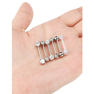 Sumind 6 Pairs Nipple Bars Surgical Stainless Steel Piercing Barbell Ring Tongue Ring Cubic Zirconia Nipple Rings Body Piercing Jewelry, 14 Gauge