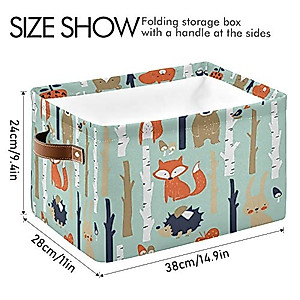 Animal Fox Bear Rabbit Storage Basket Large Foldable Storage Organizer Cubes Bins with Leather Handles Sturdy Collapsible Boxes for Shelf Cloth Toy Closet-2 Pack