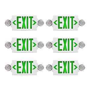 AKT LIGHTING LED Emergency Light & Exit Sign Combo, Green Exit Sign, UL Certified Emergency Exit Light, Adjustable Lamps with Back-up Battery for Business (Green, 6 Pack)