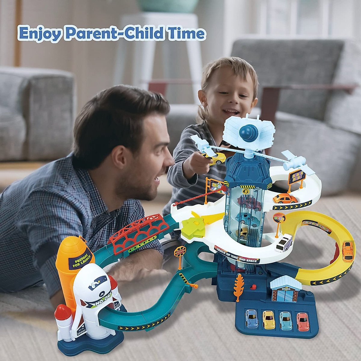 RedCrab Car Race Track Elevator Toy for Boys,Kids Space Toy Car Ramp Climbing Hills Parking Adventure Playset,Satellite Cars Garage Track with Electric Elevator Toy for Children