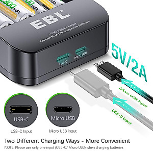 EBL Smart AA AAA NiMH Rechargeable Battery Charger - 2A USB Charging Port 2 Hour Quick Charger