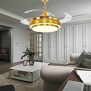 Lighting Groups 42" Retractable Reversible Ceiling Fans with LED Light Remote Control 4 Invisible Clear ABS Blades Livingroom Diningroom Fan Chandelier Indoor Ceiling Light Kits with Fans (Gold-01)