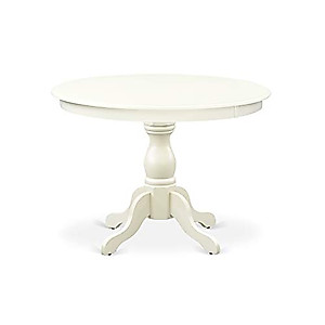 East West Furniture HBIP5-LWH-W 5 Piece Dining Room Table Set Includes a Round Dining Table with Pedestal and 4 Wood Seat Chairs, 42x42 Inch, Linen White