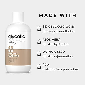 Natural Outcome Glycolic Acid Toner 5% for Face | Gentle Exfoliating Toner - with Aloe Vera & Quinoa Extract | Advance Anti-Aging Toning Solution Rejuvenates Skin & Minimizes Pore Appearance | 8 oz