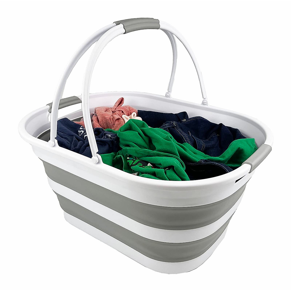 SAMMART 38L (10 Gallons) Collapsible Plastic Laundry Basket - Foldable Storage Container/Organizer - Portable Washing Tub - Space Saving Laundry Hamper (White/Grey)