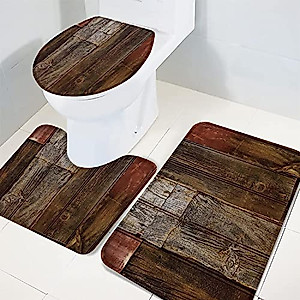 Apular Fashion 3 Piece Bath Rugs Set Brown Old Wooden Board Non Slip Ultra Soft Bathroom Accessories Mats, U Shape Mat and Toilet Lid Cover Mat Bath Mats
