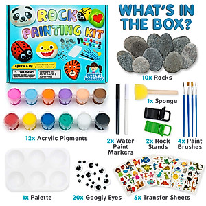 Dezzy's Workshop Rock Painting Kit for Kids - Arts & Crafts Supplies Set for Girls & Boys Ages 6-12 - Educational Art Supplies for Painting Rocks, Fun Toys & Games Ideas - Arts and Crafts for Kids