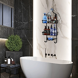 Vuskly Shower Caddy Over Shower Head, Aluminum Hanging Shower Organizer with 3 Shelf and 2 Hooks,Strong Suction Cups, Wide Space Shower Caddy for Shampoo and Soap, Black, 11x4.9X 24.8 inches