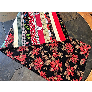 Quilted Holiday Table Runner, Jelly Roll Stripes, Rectangular, Reversible, Poinsettia Fabric, Christmas Decor, 100% Cotton