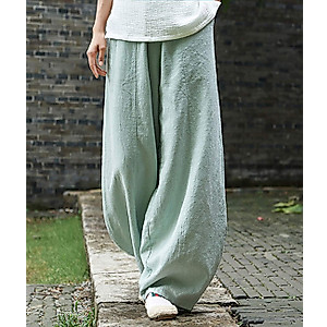IXIMO Women's Casual Cotton Linen Baggy Pants with Elastic Waist Relax Fit Lantern Trousers Green XL