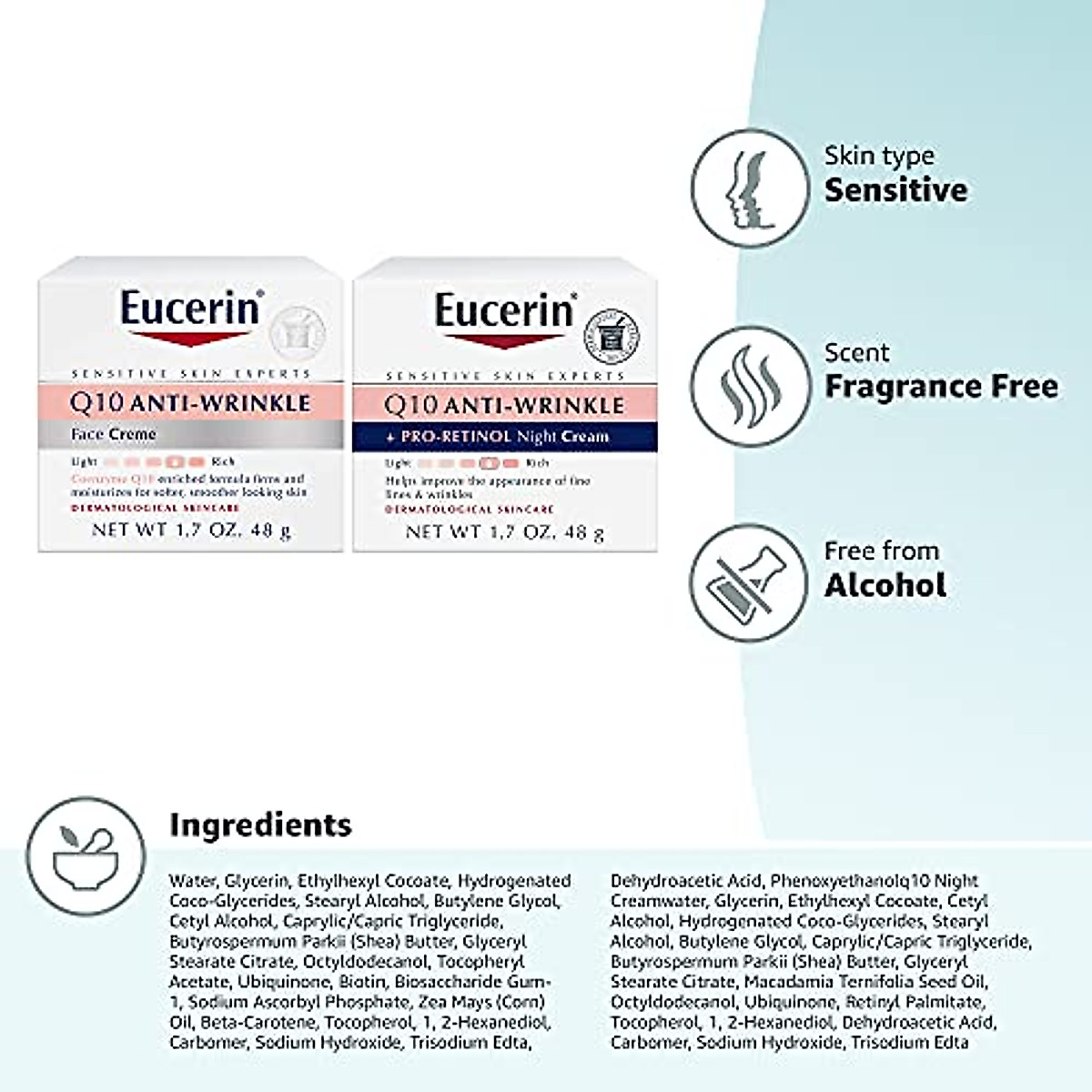 Eucerin Q10 Anti Wrinkle Skin Care Set, Facial Cream for Sensitive Skin, Q10 Anti Wrinkle Face Cream, 1.7 Oz Jar + Q10 Anti Wrinkle Night Cream with Pro-Retinol, 1.7 Oz Jar